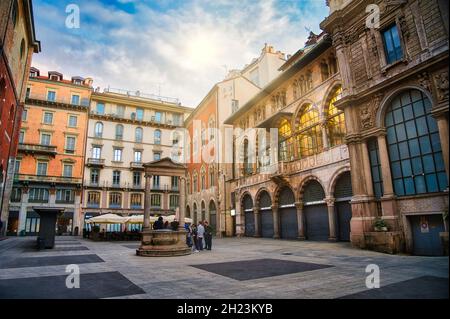Milan, (Italy), the medieval Merchants Square (Piazza Mercanti) in the ...