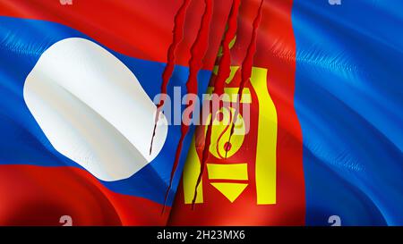Mongolia and Laos flags with scar concept. Waving flag,3D rendering ...