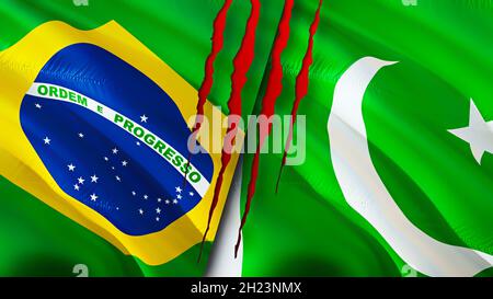 Pakistan and Brazil flags with scar concept. Waving flag,3D rendering ...