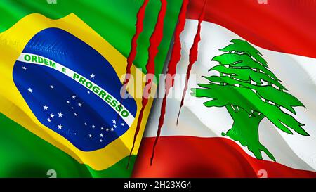 Lebanon and Brazil flags with scar concept. Waving flag,3D rendering ...
