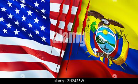 Ecuador and United States flags with scar concept. Waving flag 3D ...