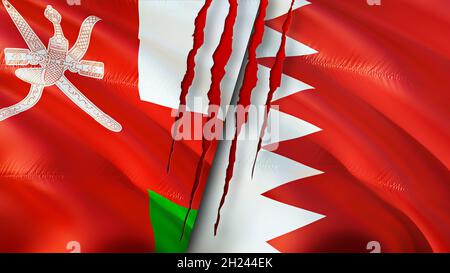 Bahrain and Oman flags with scar concept. Waving flag,3D rendering ...