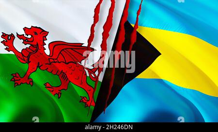Bahamas and Wales flags with scar concept. Waving flag,3D rendering ...