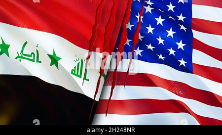 United States and Iraq flags with scar concept. Waving flag,3D ...