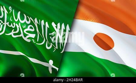 Niger and Saudi Arabia flags waving together in the wind on blue cloudy ...