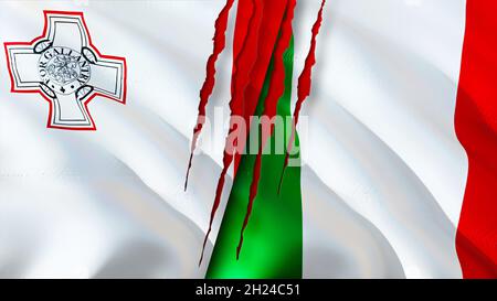 Italy and Malta flags with scar concept. Waving flag,3D rendering ...