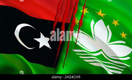 Macau and Libya flags with scar concept. Waving flag,3D rendering ...