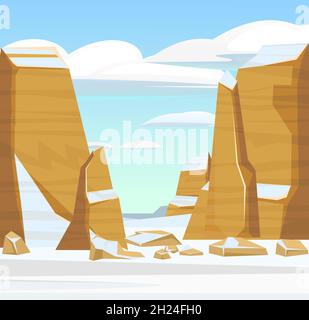 Stone and rock in snow. Snowy mountains in cartoon, heap of boulders in ...