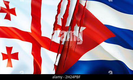 Cuba and Georgia flags with scar concept. Waving flag 3D rendering ...