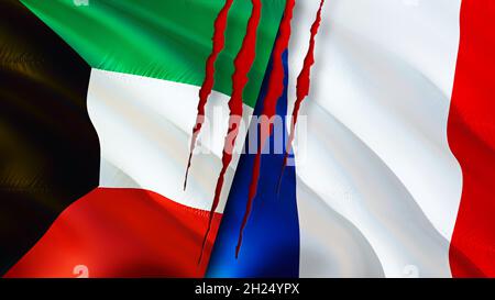 France and Kuwait flags with scar concept. Waving flag,3D rendering ...
