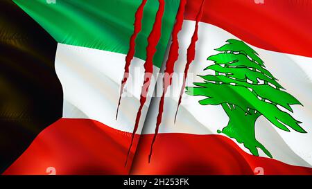 Lebanon and Kuwait flags. 3D Waving flag design. Lebanon Kuwait flag ...