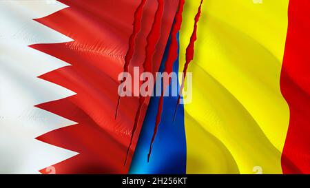 Romania and Bahrain flags with scar concept. Waving flag,3D rendering ...