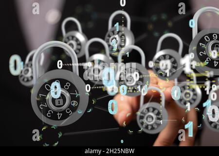 Man tapping on 3D rendered people icons Stock Photo - Alamy