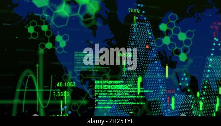 Green graphs moving and data processing against black background Stock ...