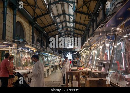 Greece, Athens, Dimotiki Agora, meat section in the modern day Athenian ...