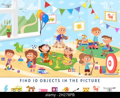Hidden object game. Puzzle location, find objects picture for kids. Children in park with dogs ...