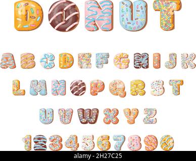 Donut cartoon alphabet vector set. Biscuit bold font style. Glazed ...