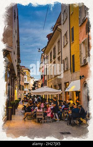 Watercolor drawing of Typical italian cobblestone street with ...