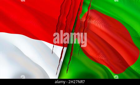 Bangladesh and Monaco flags with scar concept. Waving flag,3D rendering ...