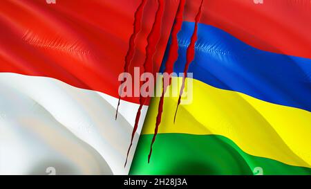 Mauritius and Indonesia flags with scar concept. Waving flag,3D ...