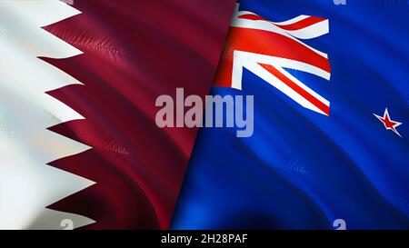 New Zealand and Qatar flags. 3D Waving flag design. New Zealand Qatar ...