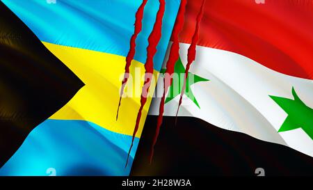 Syria and Bahamas flags with scar concept. Waving flag,3D rendering ...