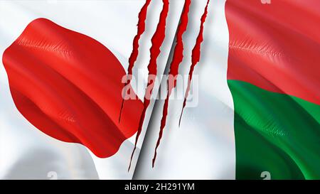 Madagascar and Japan flags with scar concept. Waving flag,3D rendering ...