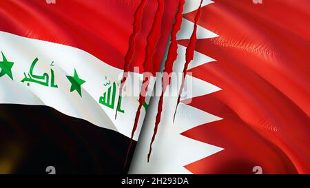 Bahrain and Iraq flags with scar concept. Waving flag,3D rendering ...