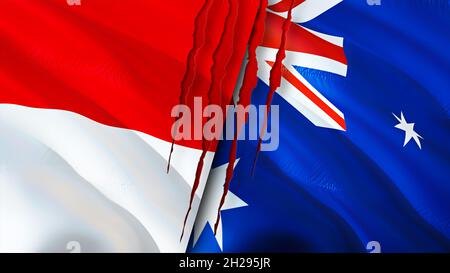 Australia and Monaco flags with scar concept. Waving flag 3D rendering ...