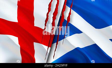 Scotland and England flags with scar concept. Waving flag,3D rendering ...