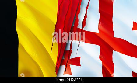 Georgia and Belgium flags with scar concept. Waving flag,3D rendering ...