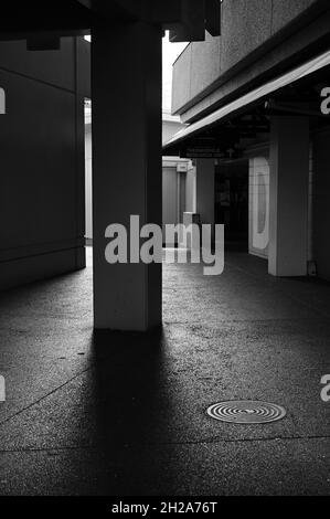 Grayscale of a narrow corridor between buildings Stock Photo - Alamy