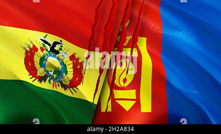 Mongolia and Bolivia flags with scar concept. Waving flag,3D rendering ...