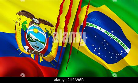 Brazil and Ecuador flags with scar concept. Waving flag 3D rendering ...
