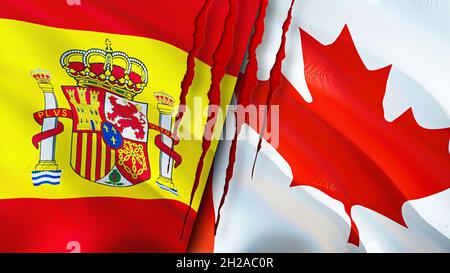Canada and Spain flags with scar concept. Waving flag,3D rendering ...