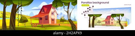 Parallax background cottage at summer 2d landscape, wooden house on ...