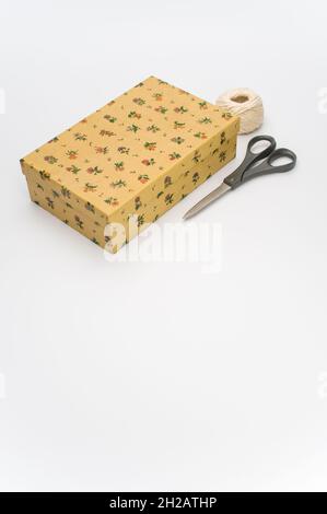decorated paperboard box with lid decorative yarn and scissors o Stock ...