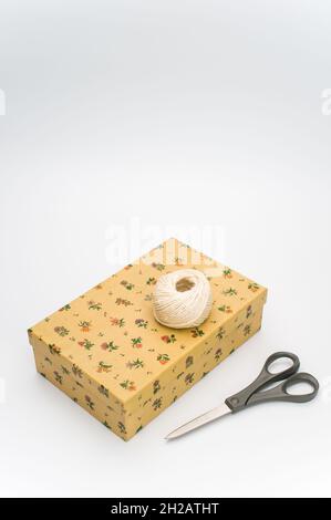 decorated paperboard box with lid decorative yarn and scissors o Stock ...
