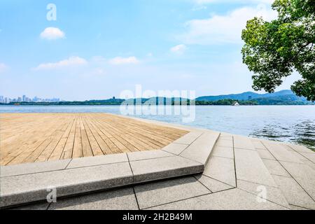 Wooden plank road and river with mountain natural landscape Stock Photo ...