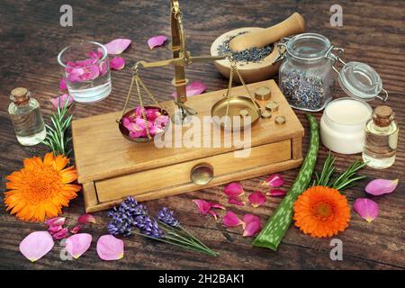 Natural medicine background. Brass mortar, bottles and scale. Rustic ...