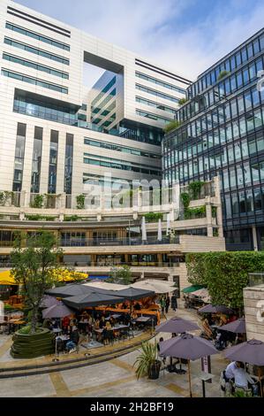Broadgate Circle with shops and restaurants and USB bank's white ...