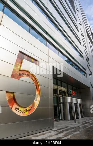 Entrance of 5 Broadgate UBS building exterior HQ headquarters sign ...