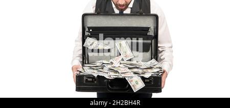 cropped briber holding case full of dollar cash isolated on white ...