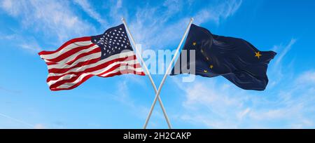 Alaska state flags waving in the wind with the national flags of the ...