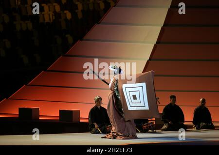 Kabuki actor Ichikawa Ebizo XI with his son throw beans during a ...
