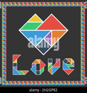 Tangram brain game HEART flat UI color Happy Valentines Day vector ...