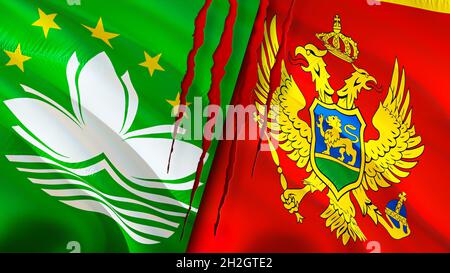Montenegro and Macau flags with scar concept. Waving flag,3D rendering ...
