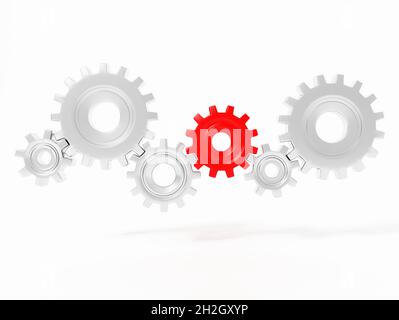 Many white connecting gear cogs working together isolated on red ...