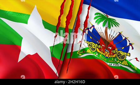 Myanmar and Haiti flags. 3D Waving flag design. Haiti Myanmar flag ...