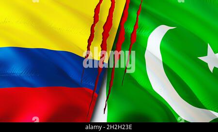 Pakistan and Colombia flags with scar concept. Waving flag,3D rendering ...